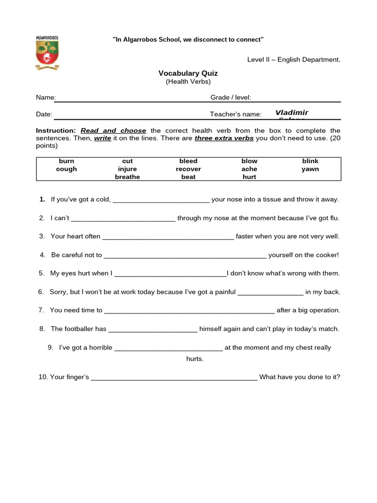 First Vocabulary and Grammar Quiz | PDF