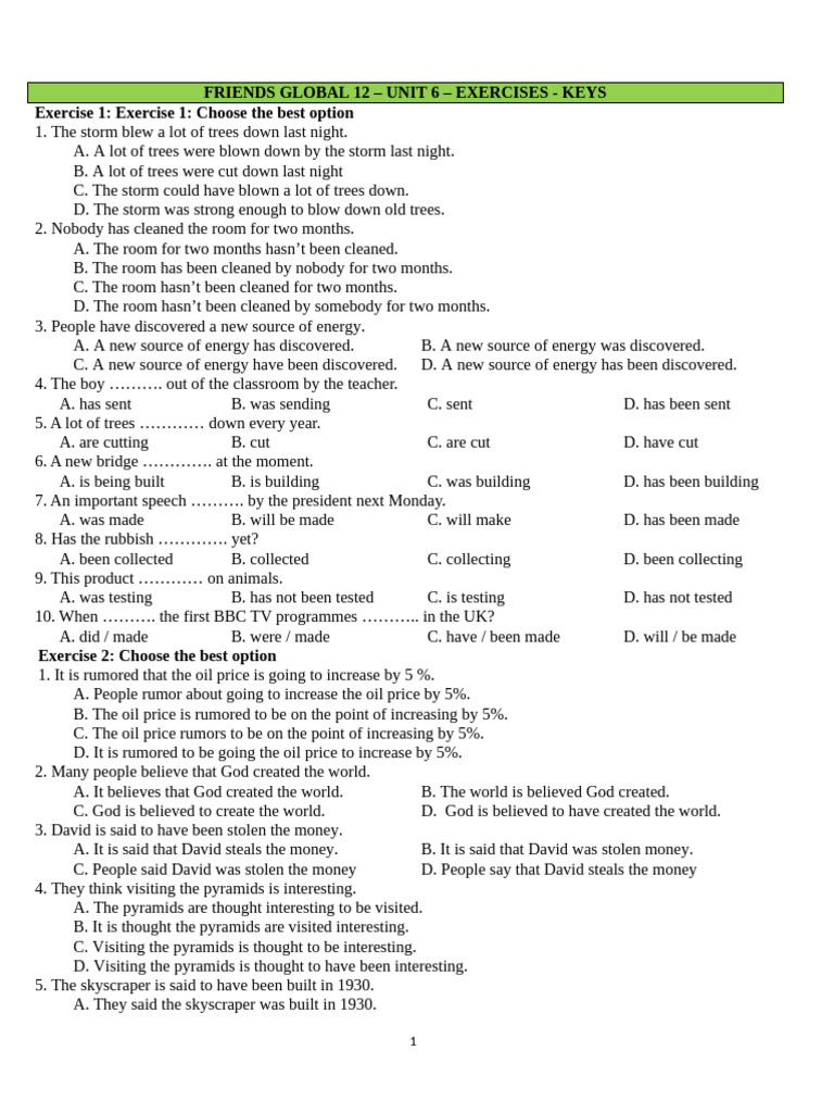 FG12 - UNIT 6 - EXERCISES - ĐỀ | PDF | Fat | Common Cold