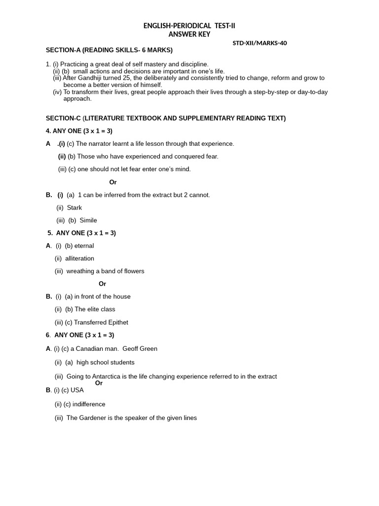 English Test II Answer Key for XII | PDF