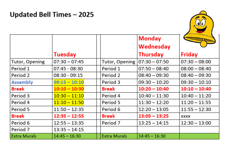 2025 Updated School Bell Schedule | PDF