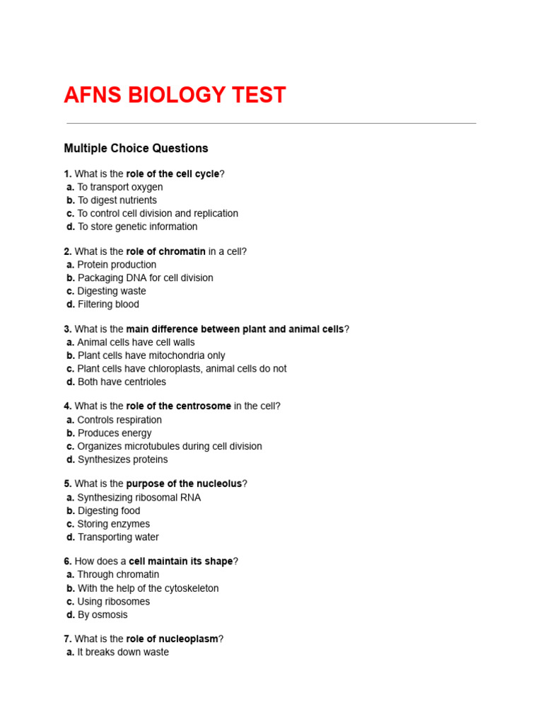AFNS Biology Test: Multiple Choice Quiz | PDF | Endoplasmic Reticulum ...