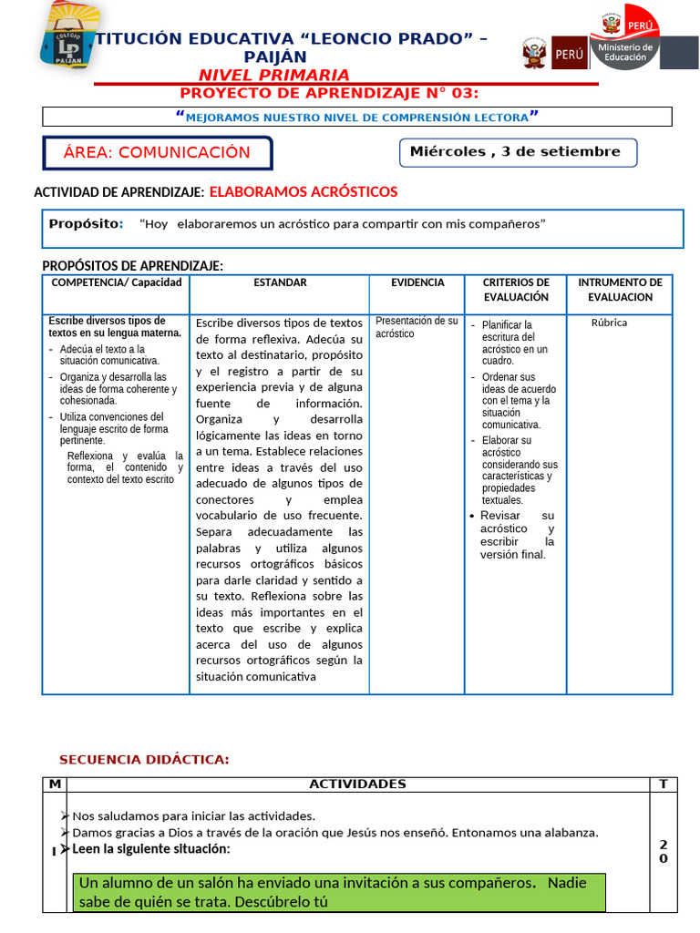 Elaboración de Acrósticos en Clase | PDF | Aprendizaje | Comprensión ...