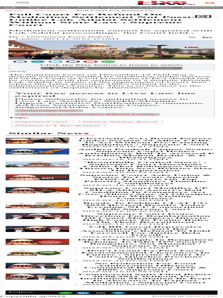 Full Court Fee Refund On Mediation Settlement Not Possible Unlike Lok Adalat Settlement Without ...