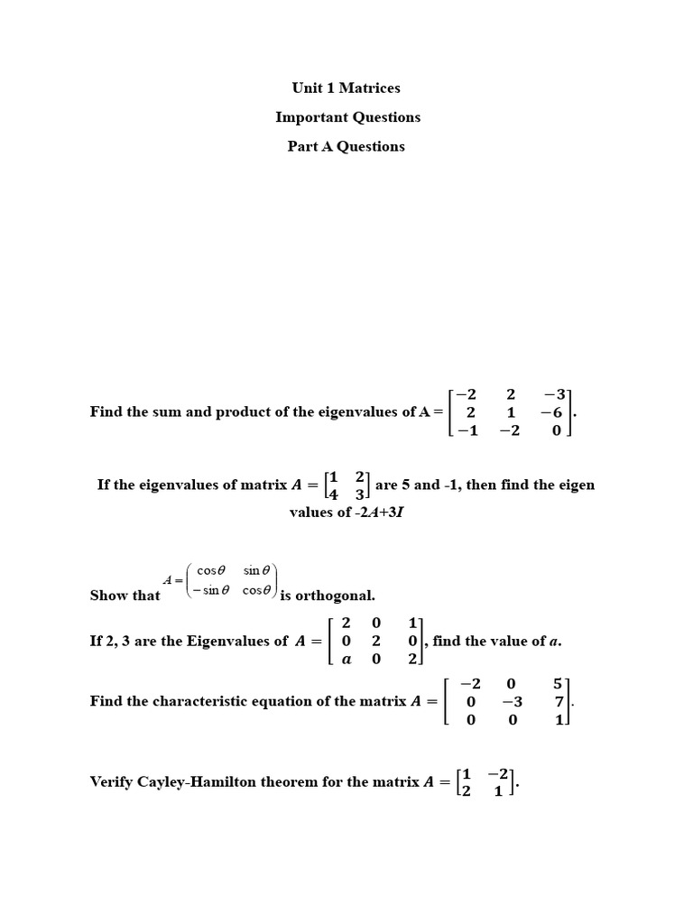 Important Questions on Matrices and Eigenvalues | PDF | Eigenvalues And ...