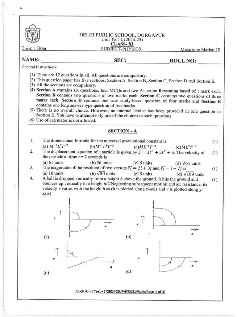 Class 11-Ut 1 Physics 2024-25 | PDF