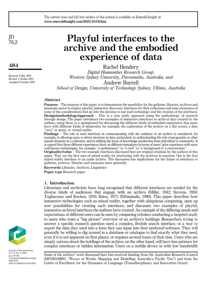 Playful Immersive Interfaces for Archives | PDF | Virtual Reality ...