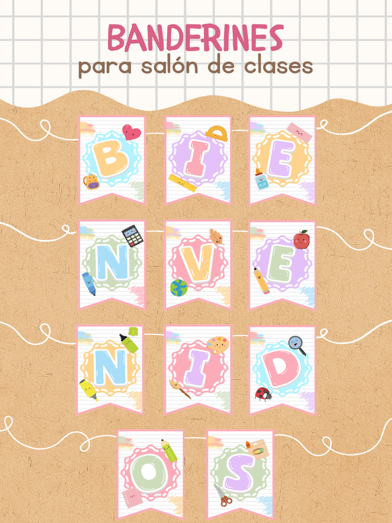 Banderines Bienvenidos Escuela Ilustrado Colorido Rosa y Azul | PDF