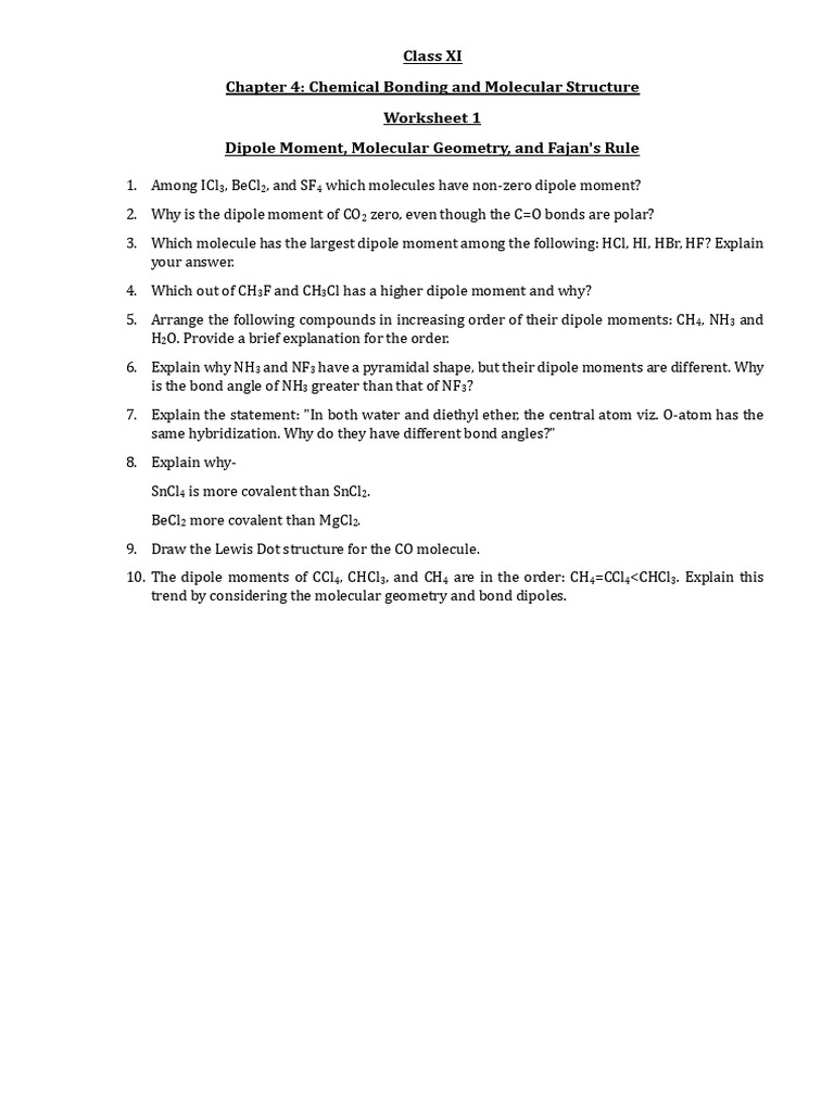 Dipole Moments & Molecular Geometry Worksheet | PDF