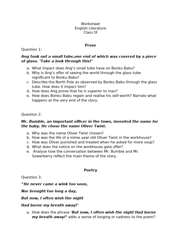 Class IX English Literature Worksheet | PDF