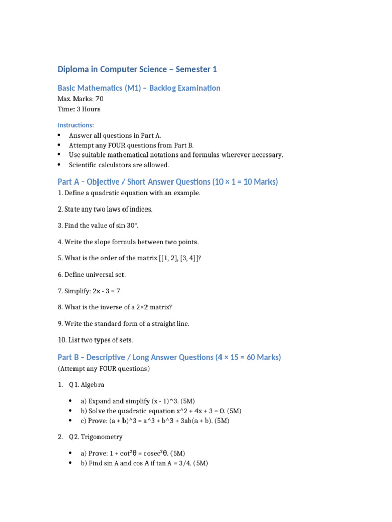 M1 Mathematics Diploma Exam Paper | PDF
