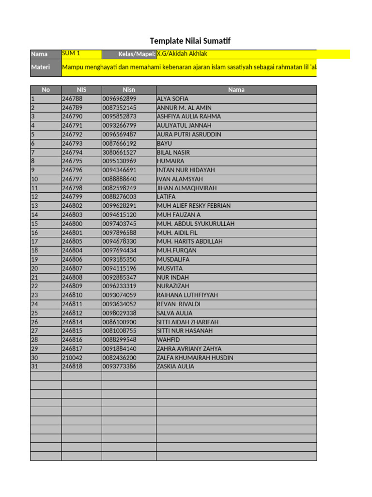 Template Nilai Sumatif Akidah Akhlak | PDF