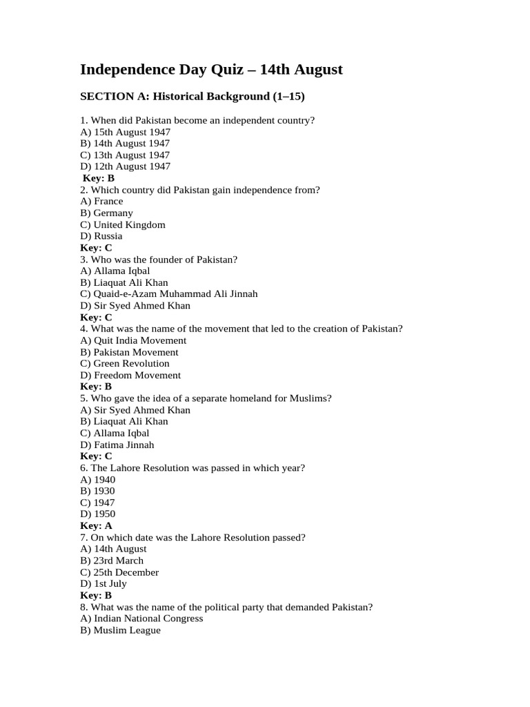 Pakistan Independence Day Quiz | PDF | Muhammad Ali Jinnah | Pakistan