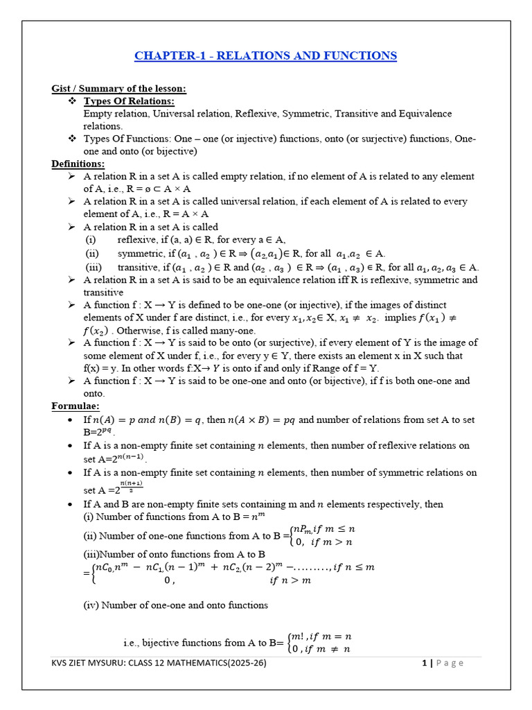 CLASS 12 - MATHEMATICS (2025-26) - Relations & Functions | PDF | Function (Mathematics ...