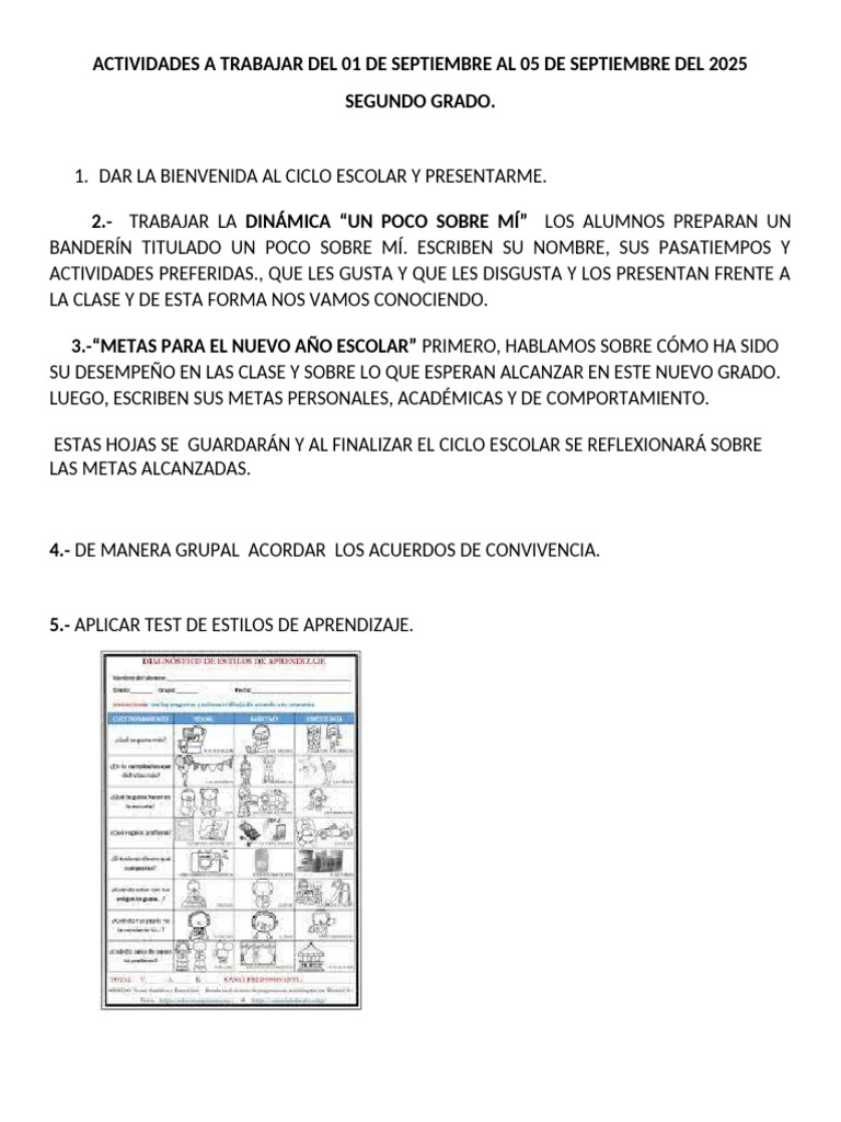Actividades A Trabajar Primer Semana Segundo | PDF | Aprendizaje ...