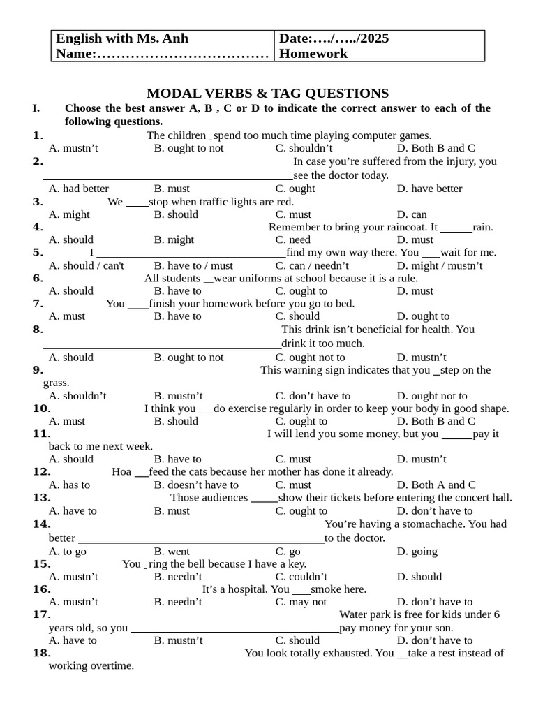 Modal Verbs and Tag Questions Practice | PDF
