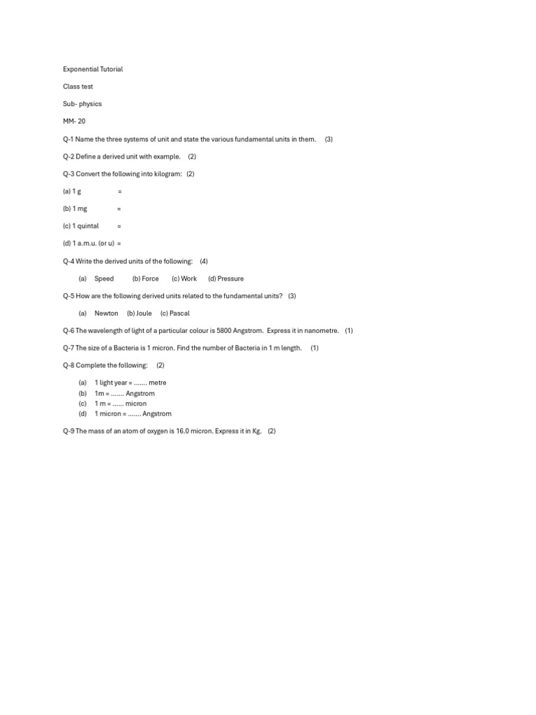 Class 9 Physics Unit Conversion Test | PDF