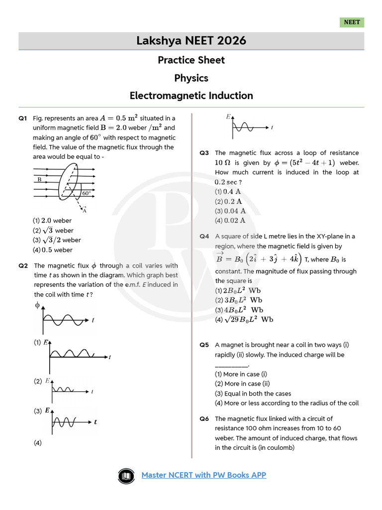 Electromagnetic Induction Practice Sheet Lakshya NEET 2026 | PDF | Inductance | Inductor