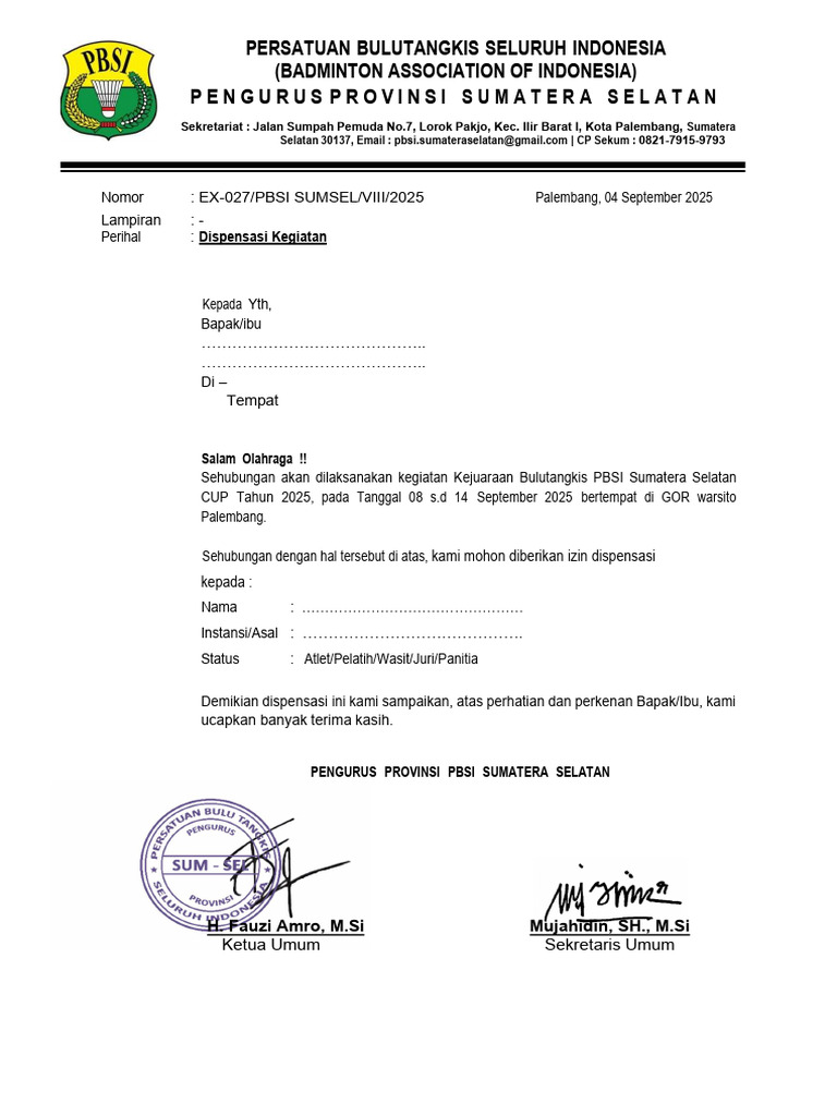Dispensasi Kejuaraan Bulutangkis 2025 | PDF