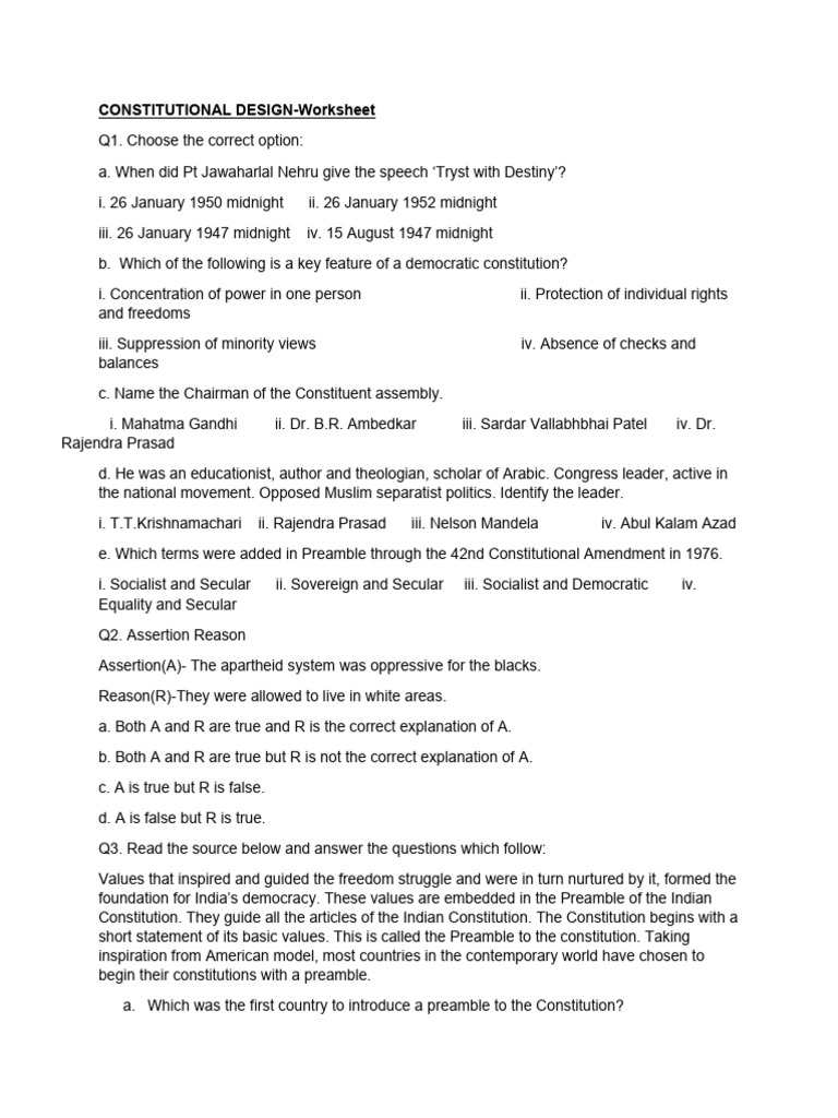Constitutional Design Worksheet Quiz | PDF | Political Charters ...