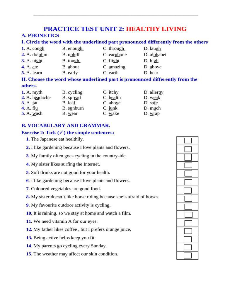 Healthy Living Practice Test Unit 2 | PDF | Diet (Nutrition) | Diet ...
