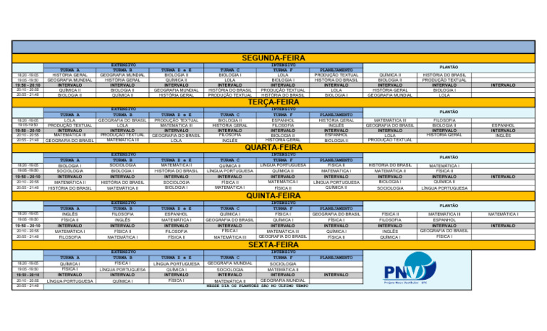 Horario Pnv 2025.2 | PDF | Ciências Físicas | Educação em Artes Liberais