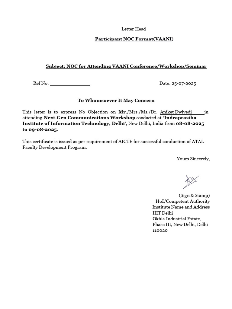 Aicte Vaani Participant Noc Iiitd | PDF