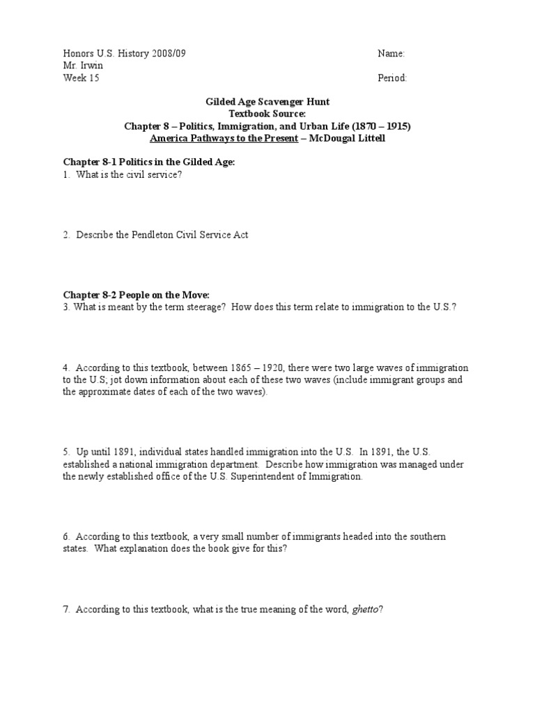 History, U.S. Honors - 2008-09 Gilded Age Scavenger Hunt | PDF | The ...