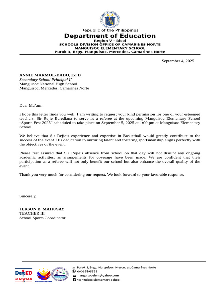 Request Letter For Referee in School Sports | PDF