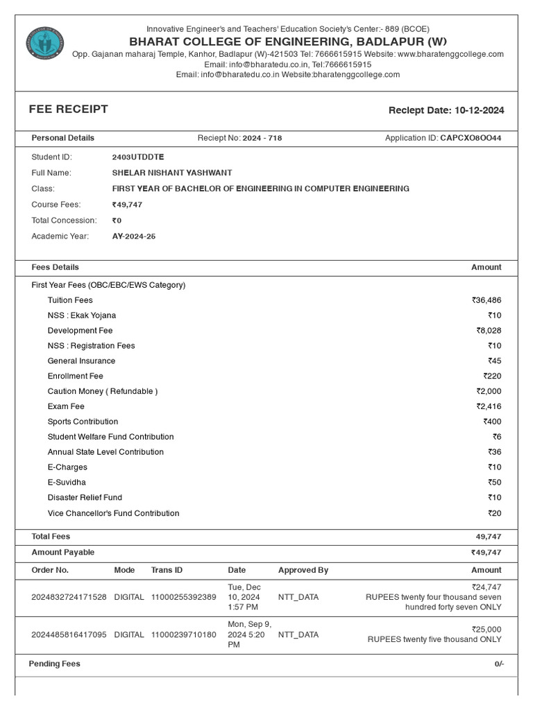Fee Receipt (PAY-82024-) | PDF