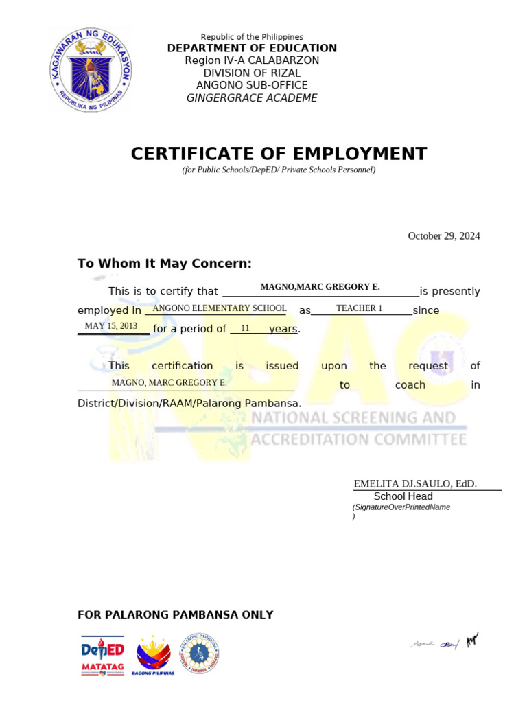 Revised Certificate of Employment v2024 | PDF