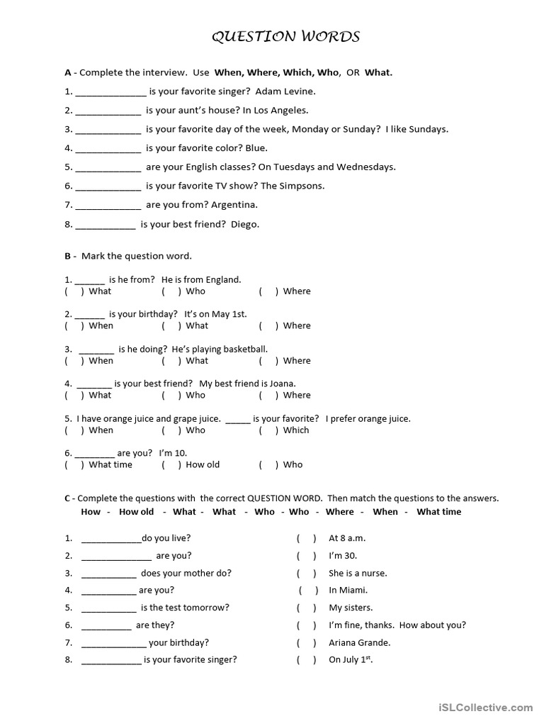 Question Words Practice Exercises | PDF