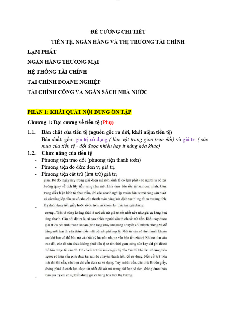 De Cuong Chi Tiet Tien Te Ngan Hang Va Thi Truong Tai Chinh 6543 | PDF