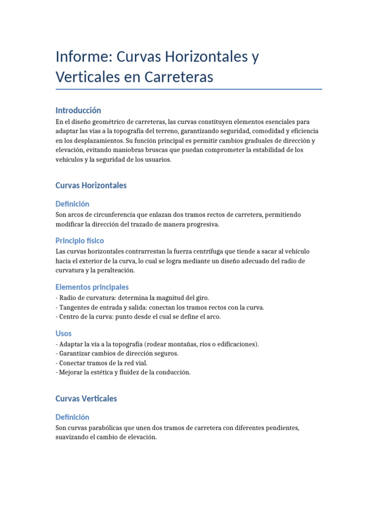 Informe Curvas Horizontales Verticales | PDF | La carretera | Curva