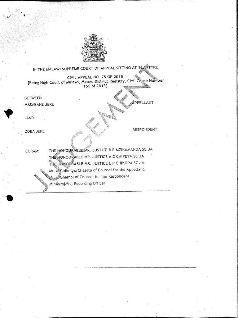 MSCA Civil Appeal No. 155 of 2013 (Being High Court of Malawi, Mzuzu ...