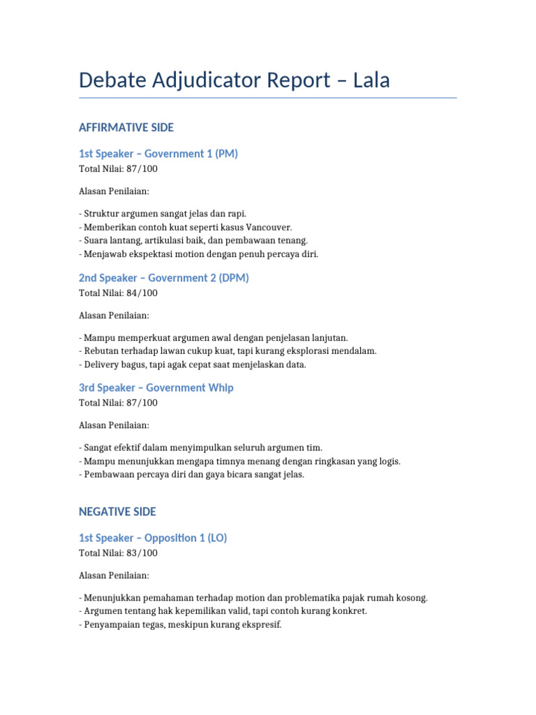 Lala Debate Adjudication Report | PDF