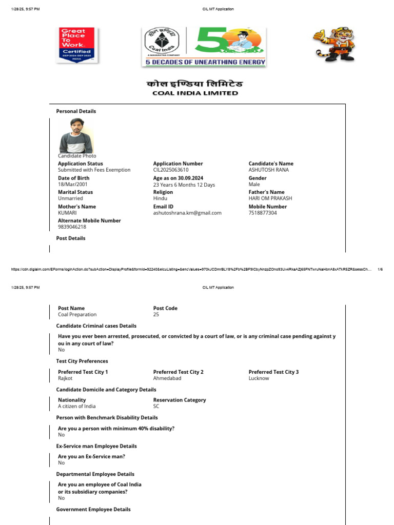 Coal India MT Application | PDF
