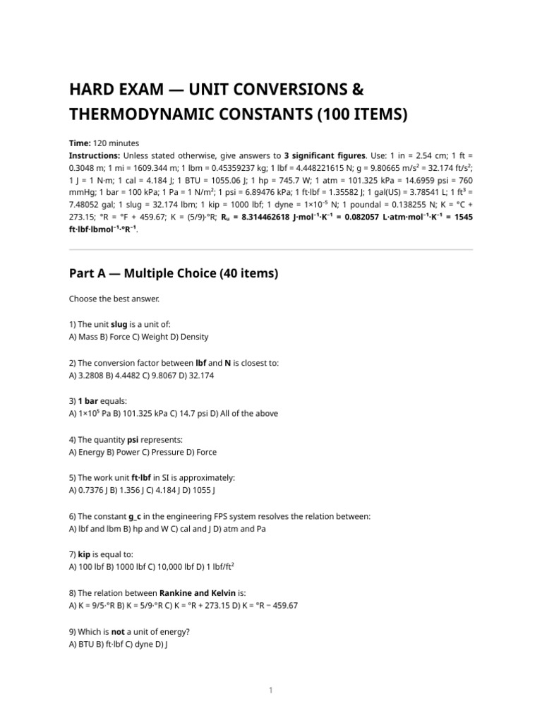 Unit Conversions and Thermodynamic Constants | PDF | Pressure ...