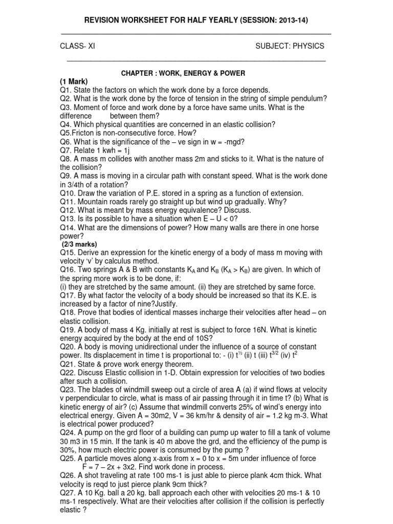 CBSE Class 11 Physics Worksheet - Work, Energy & Power | PDF ...