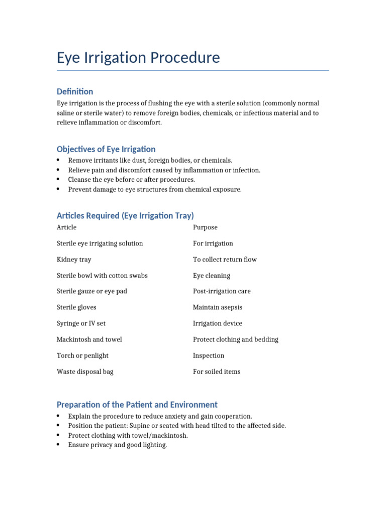 Eye Irrigation Procedure Pdf Medicine Diseases And Disorders