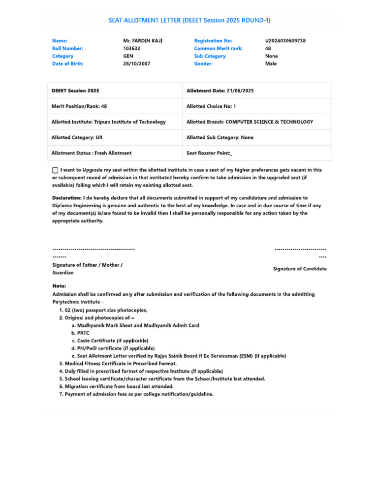 Seat Allotment Letter | PDF