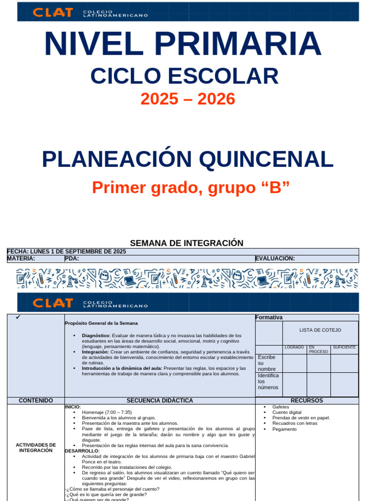 Planeación Quincenal Primer Grado B | PDF