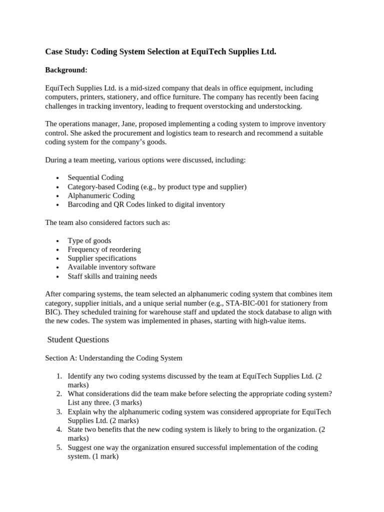 Coding System Selection at EquiTech Supplies | PDF | Inventory ...