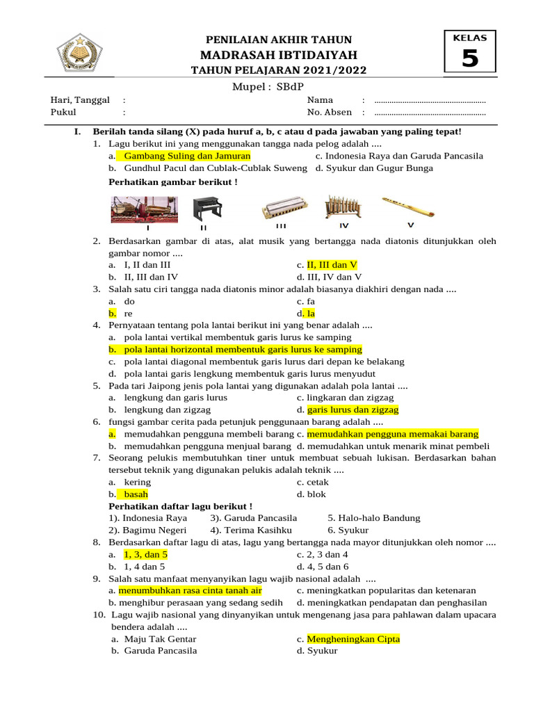Soal PAT SBDP Kls 5 21-22 | PDF