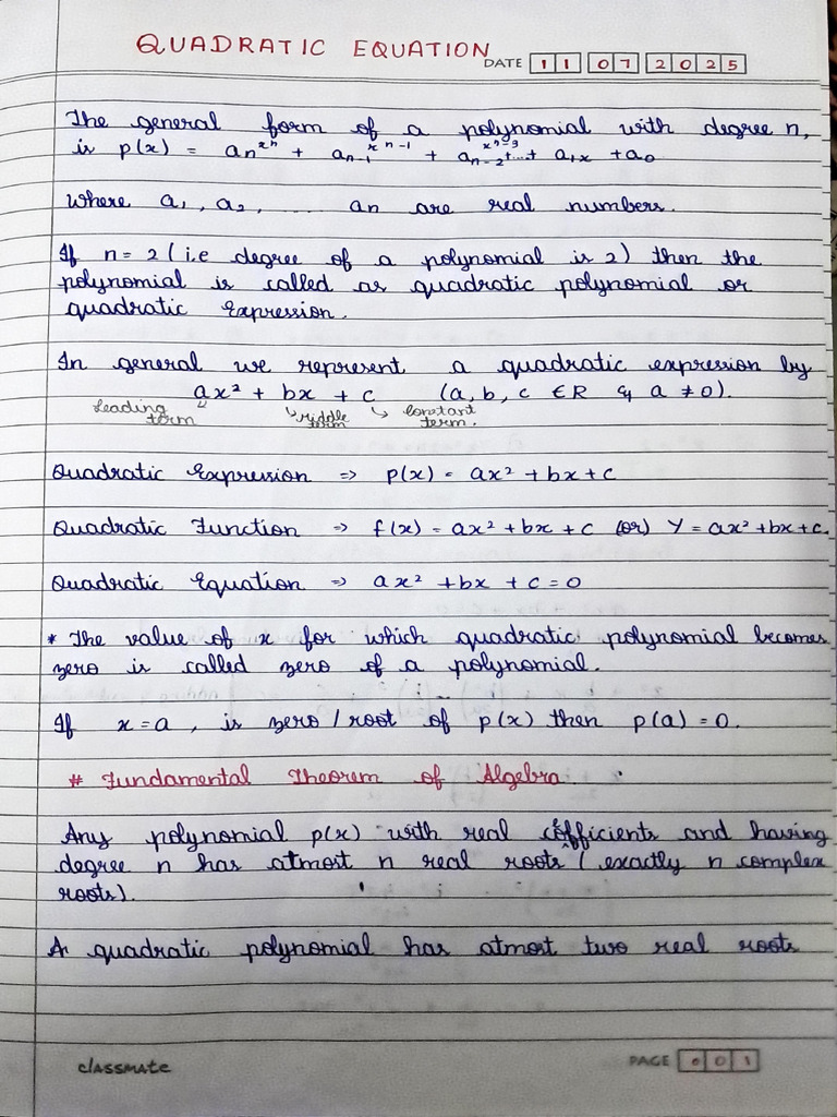 Quadratic Equation Class 11th Notes | PDF | Algebra
