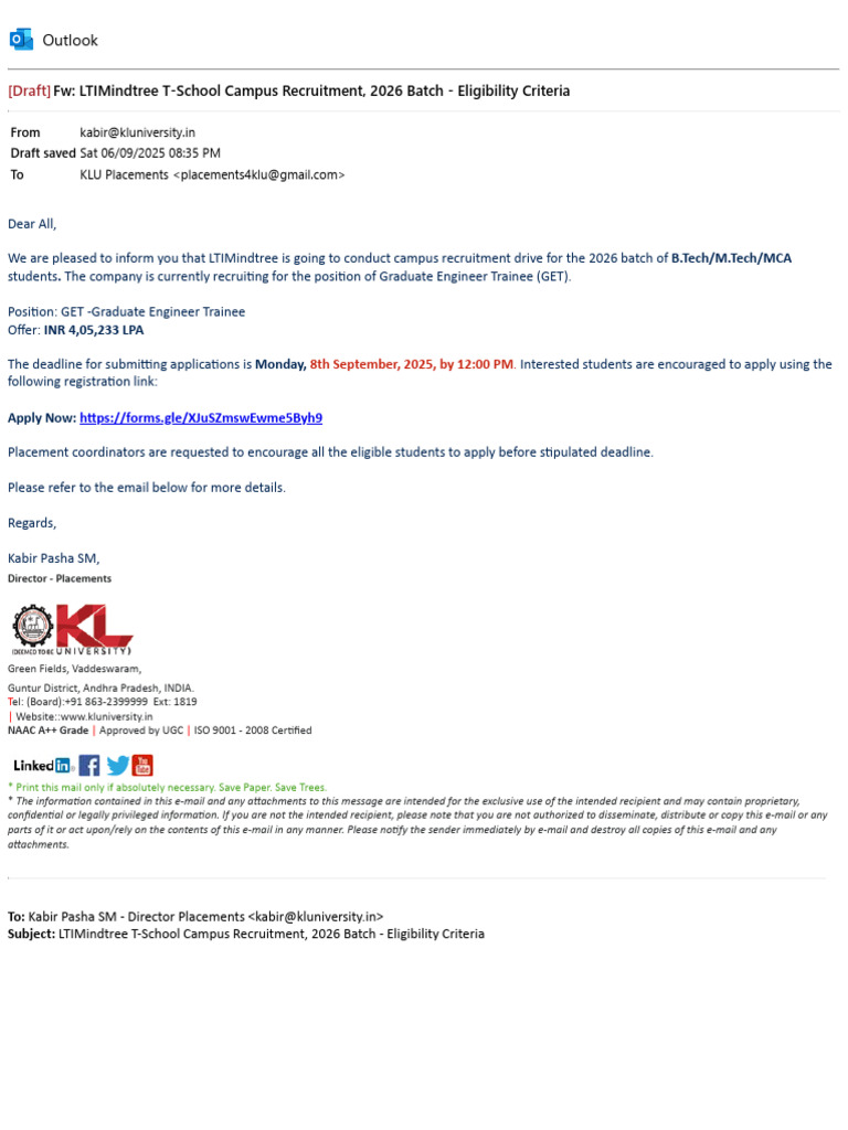 FW LTIMindtree T School Campus Recruitment, 2026 Batch Eligibility | PDF