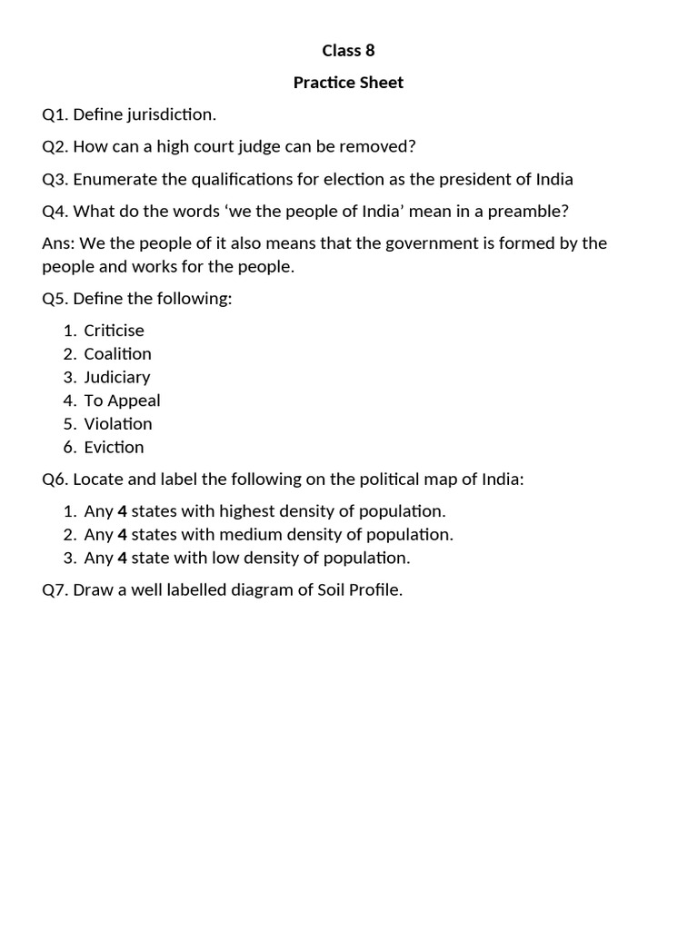 Class 8 SST Practice Sheet | PDF