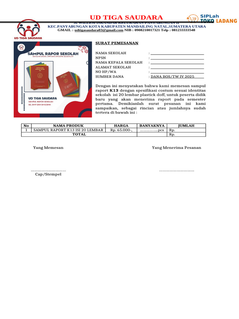 Surat Pemesanan Sampul Raport K13 | PDF