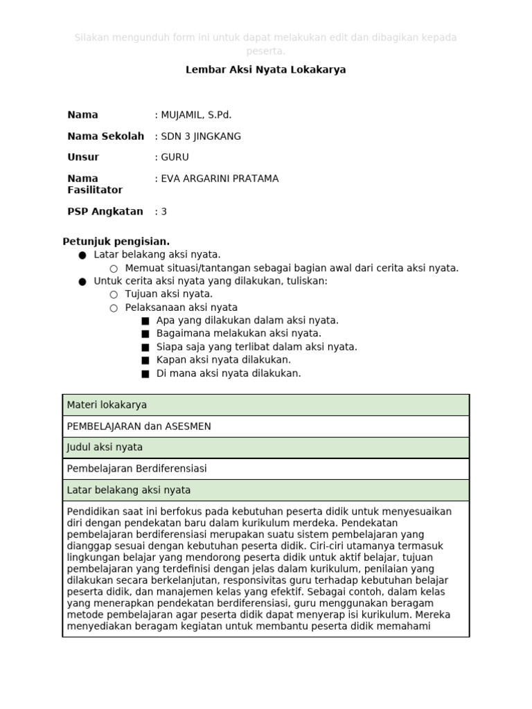 Lembar Aksi Nyata Lokakarya Pembelajaran Dan Asesmen | PDF