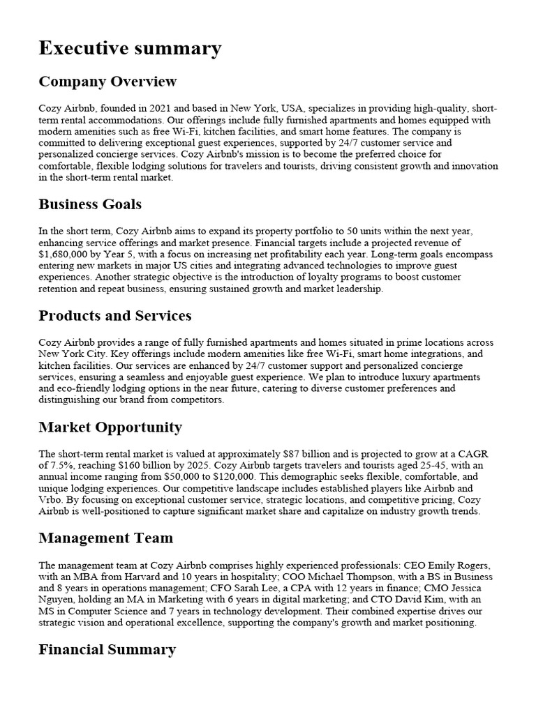 Cozy Airbnb Business Plan Overview | PDF | Marketing | Supply Chain