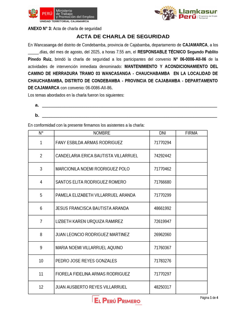 Formato Acta de Charla de Seguridad 2024 | PDF